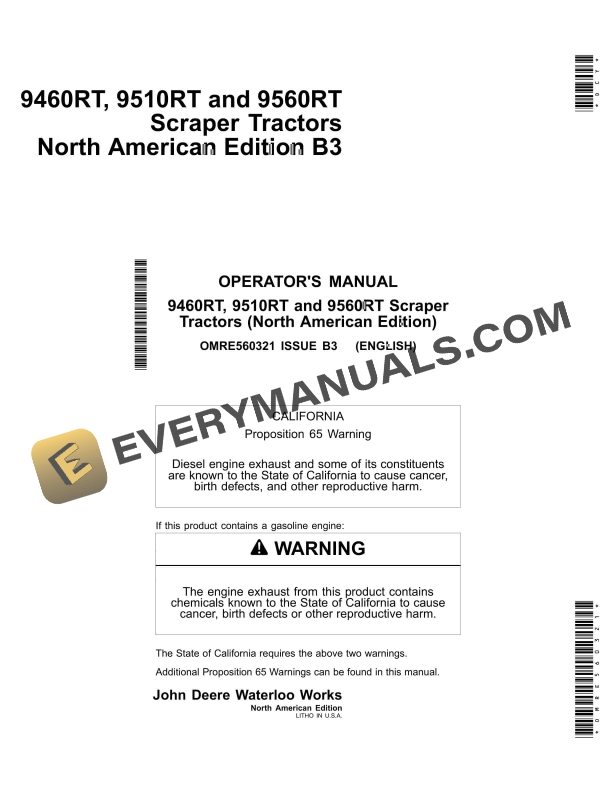 John Deere 9460RT, 9510RT and 9560RT Tractor Operator Manual OMRE560321