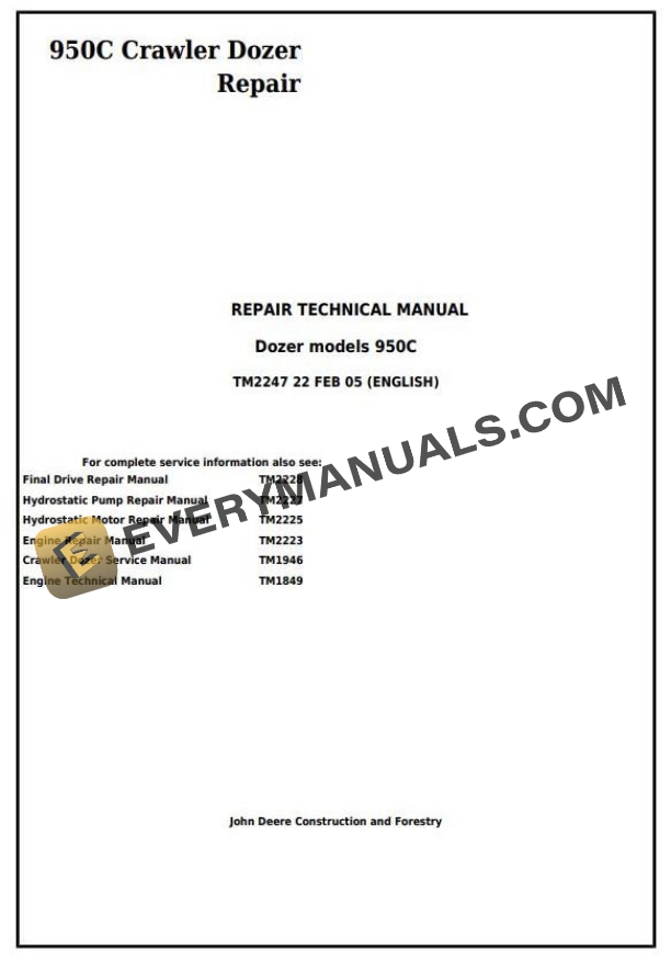 John Deere 950C Crawler Dozer Repair Technical Manual TM2247