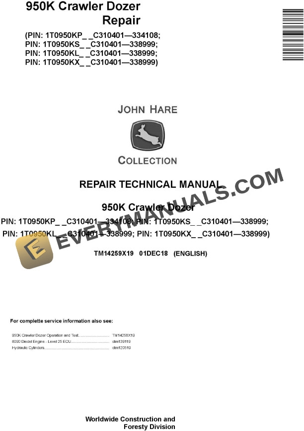 John Deere 950K Crawler Dozer Repair Technical Manual TM14259X19