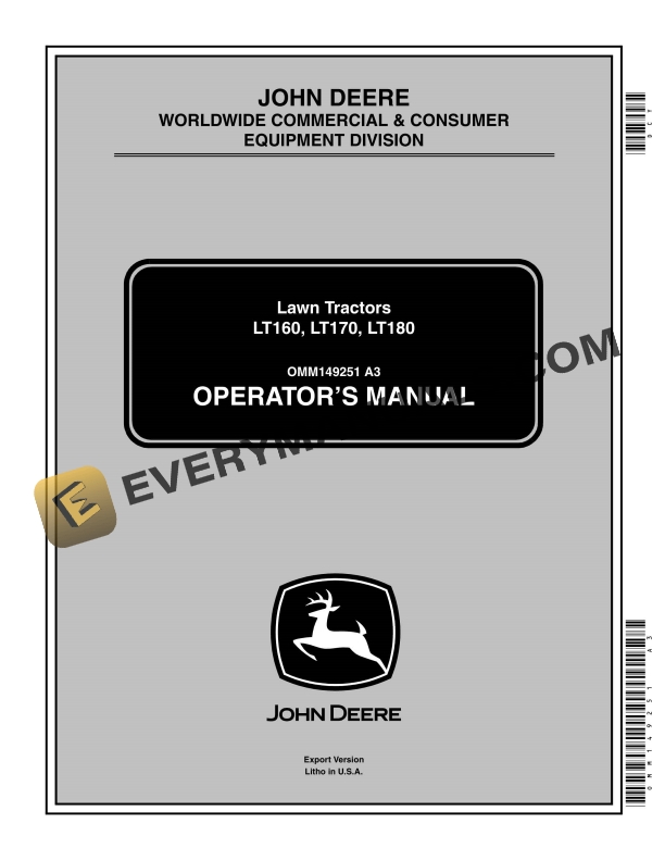 John Deere Lt160, Lt170, Lt180 Lawn Tractors Operator Manuals OMM149251