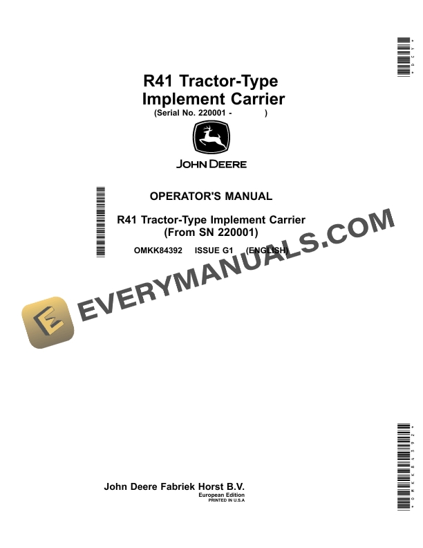 John Deere R41 Tractors Operator Manual type Implement Carrier Omkk84392