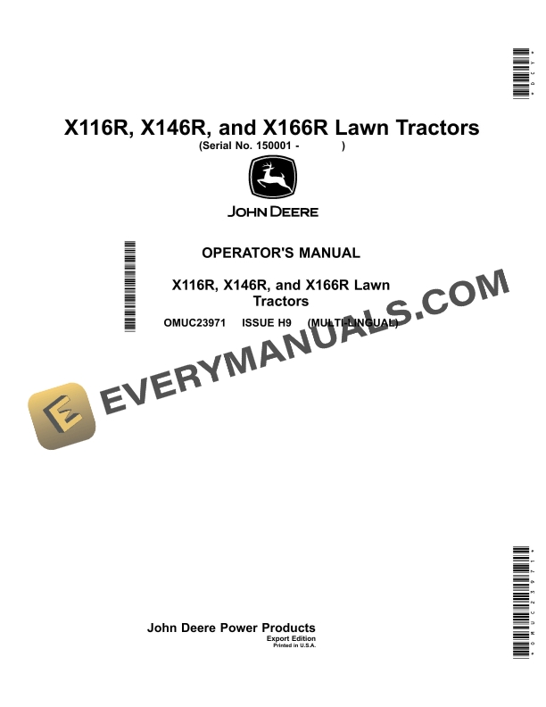John Deere X116r, X146r, And X166r Lawn Tractors Operator Manuals OMUC23971