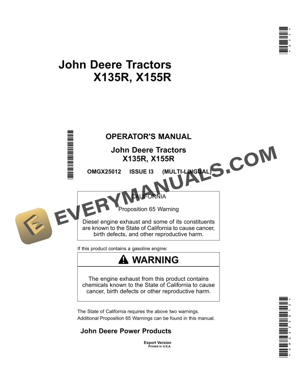 John Deere X135R, X155R Tractors Operator Manual OMGX25012