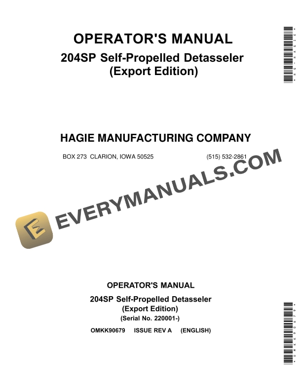 John Deere 204SP Self-Propelled Detasseler Operator Manual OMKK90679