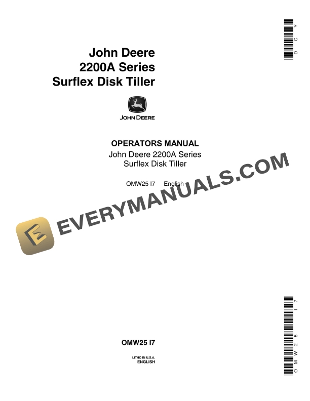 John Deere 2200A Series Surflex Disk Tiller Operator Manual OMW25