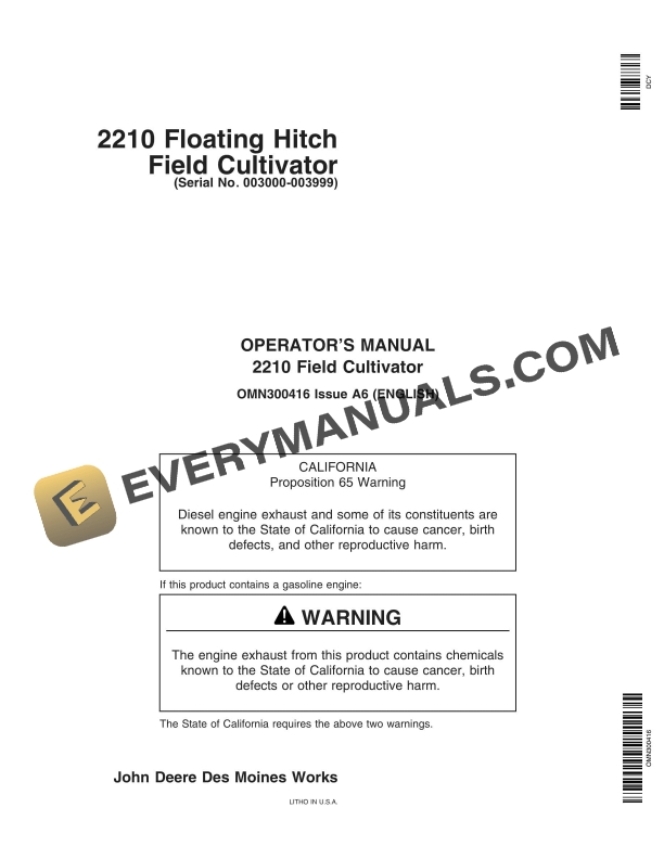 John Deere 2210 Floating Hitch Field Cultivator Operator Manual OMN300416