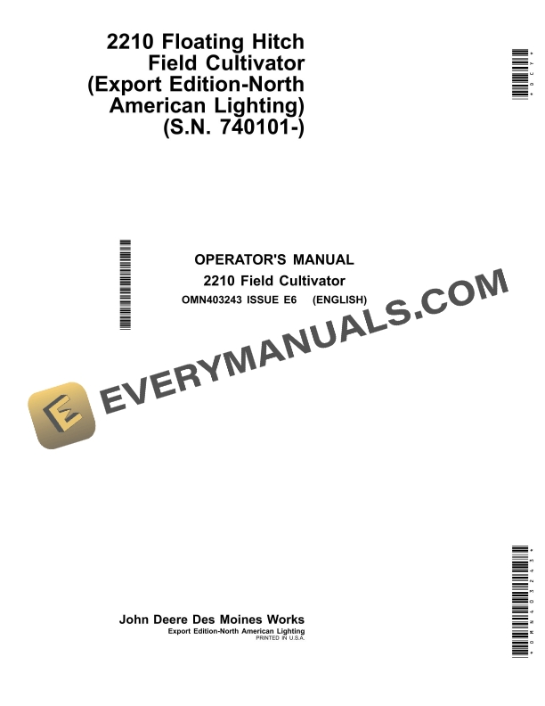 John Deere 2210 Floating Hitch Field Cultivator Operator Manual OMN403243