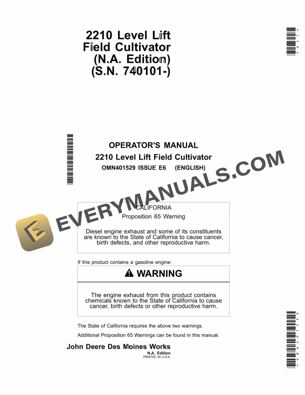 John Deere 2210 Level Lift Field Cultivator Operator Manual OMN401529