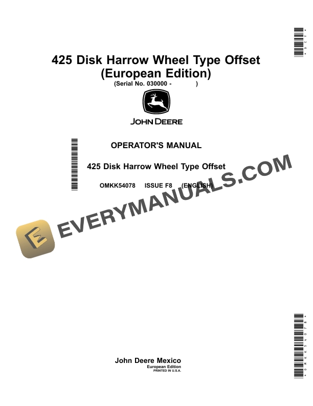 John Deere 425 Disk Harrow Wheel Type Offset Operator Manual OMKK54078