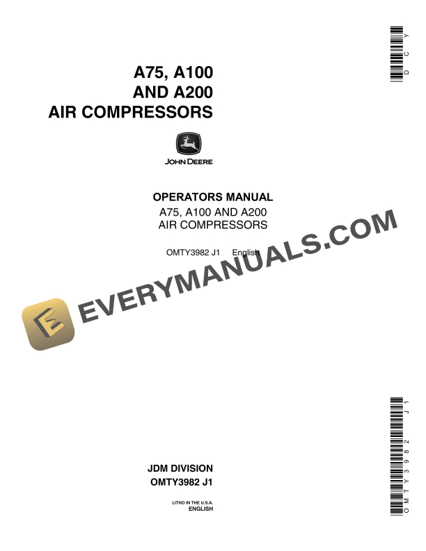 John Deere 75, A100 AND A200 Air Compessor Operator Manual OMTY3982