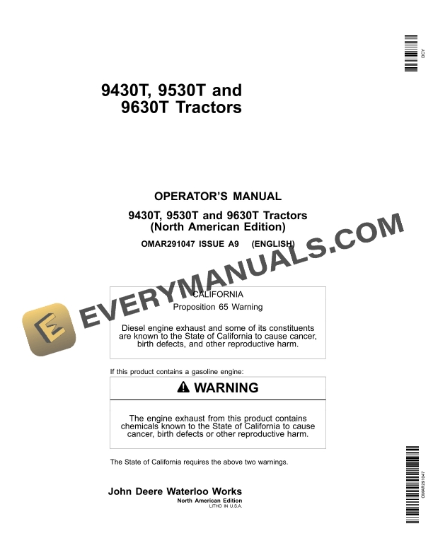 John Deere 9430T 9530T 9630T Tractor Operator Manual OMAR291047