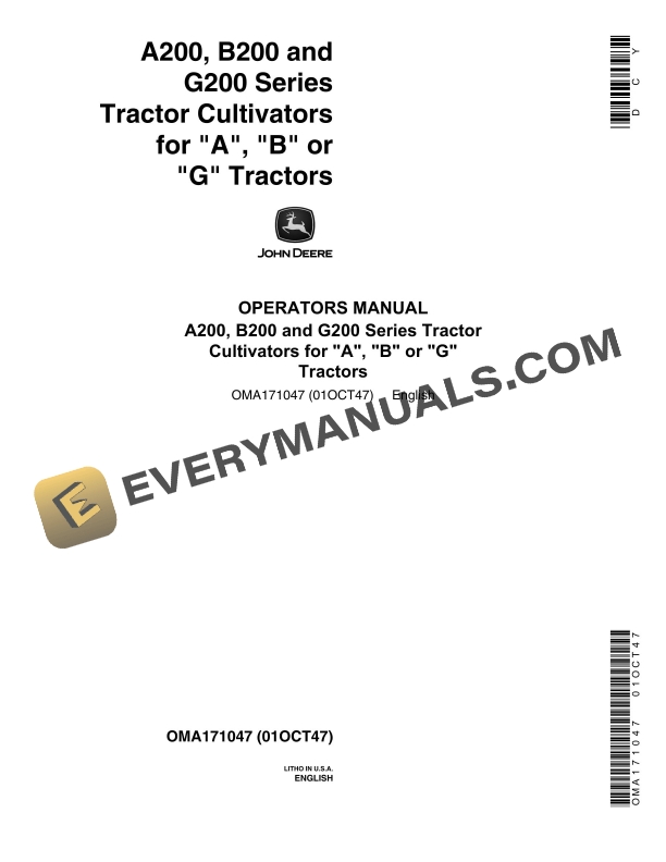 John Deere A200, B200 and G200 Series Tractor CULTIVATOR for A, B or G Tractors Operator Manual ...