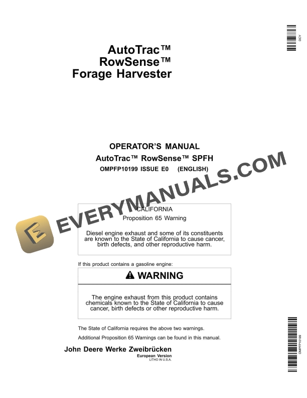 John Deere AutoTrac RowSense Forage Harvester Operator Manual OMPFP10199
