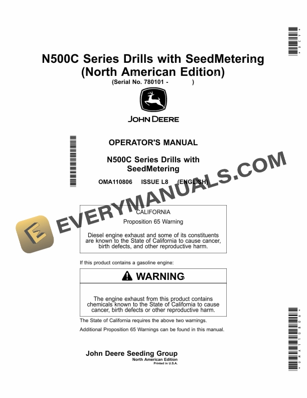 John Deere N500C Series Drill with SeedMetering Operator Manual OMA110806