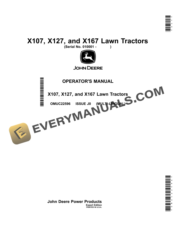 John Deere X107, X127, X167 Lawn Tractors Operator Manual OMUC22596