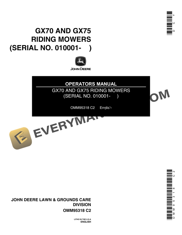 John Deere GX70 AND GX75 RIDING MOWERS Operator Manual OMM95318