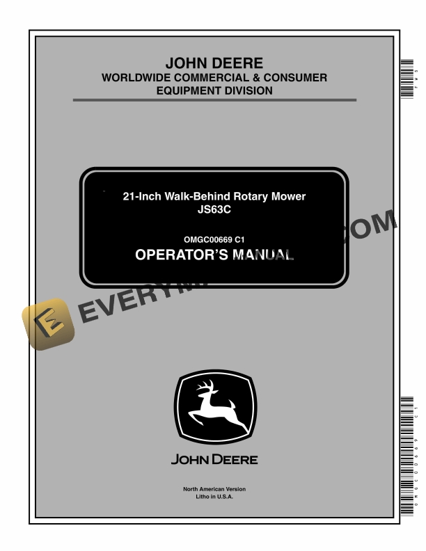 John Deere JS63C 21-Inch Walk-Behind Rotary Mower Operator Manual OMGC00669