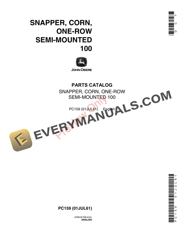 John Deere 100 One Row Semi-Mounted Corn Snapper Parts Catalog PC159 ...