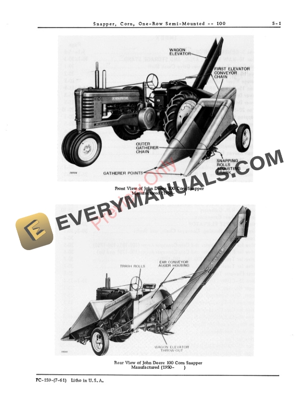 John Deere 100 One Row Semi-Mounted Corn Snapper Parts Catalog PC159 ...
