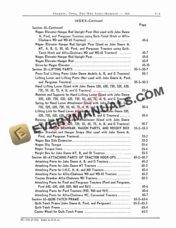 John Deere 100 One Row Semi-Mounted Corn Snapper Parts Catalog PC159 ...