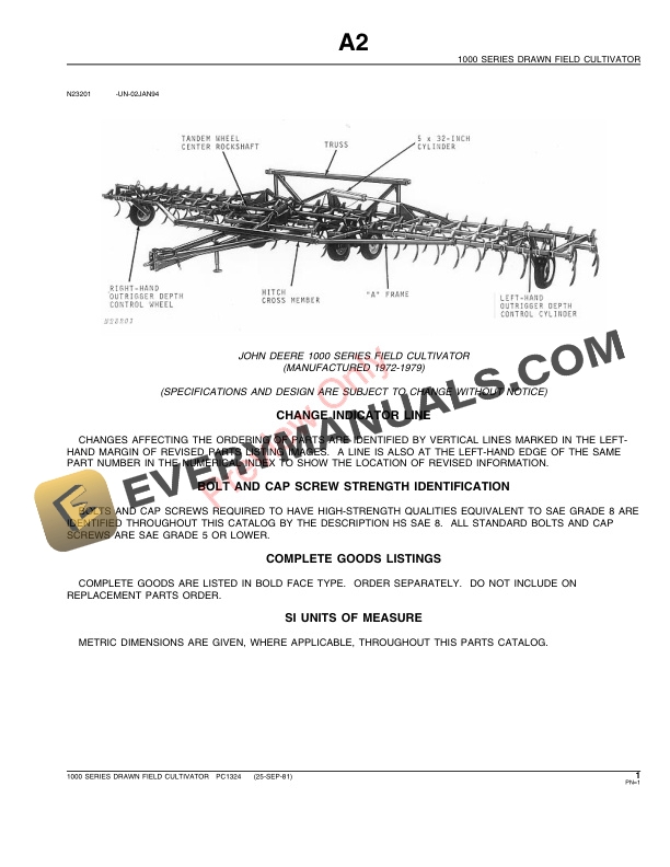 John Deere 1000 Series Drawn Field Cultivator Parts Catalog PC1324 25SEP81