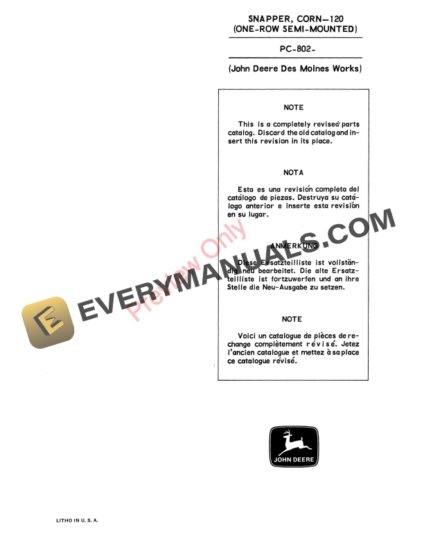 John Deere 120 Corn Snapper Parts List PC802 01MAY69
