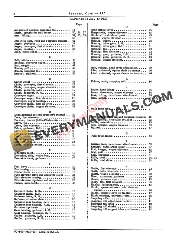 John Deere 120 Corn Snapper Parts List PC802 01MAY69