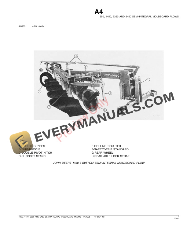 John Deere 1350, 1450, 2350, 2450 Series Semi-Integral Moldboard Plows ...