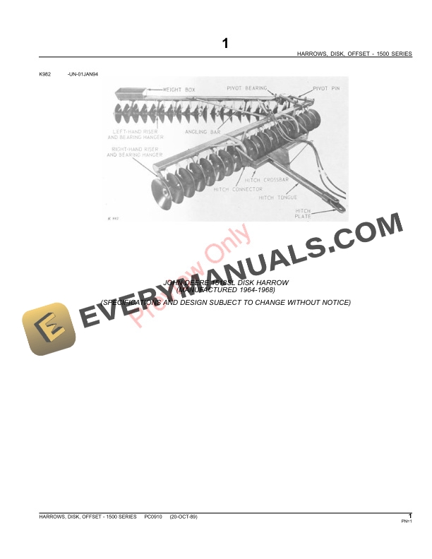John Deere 1500 Disk Harrows Parts Catalog PC0910 02JUN11
