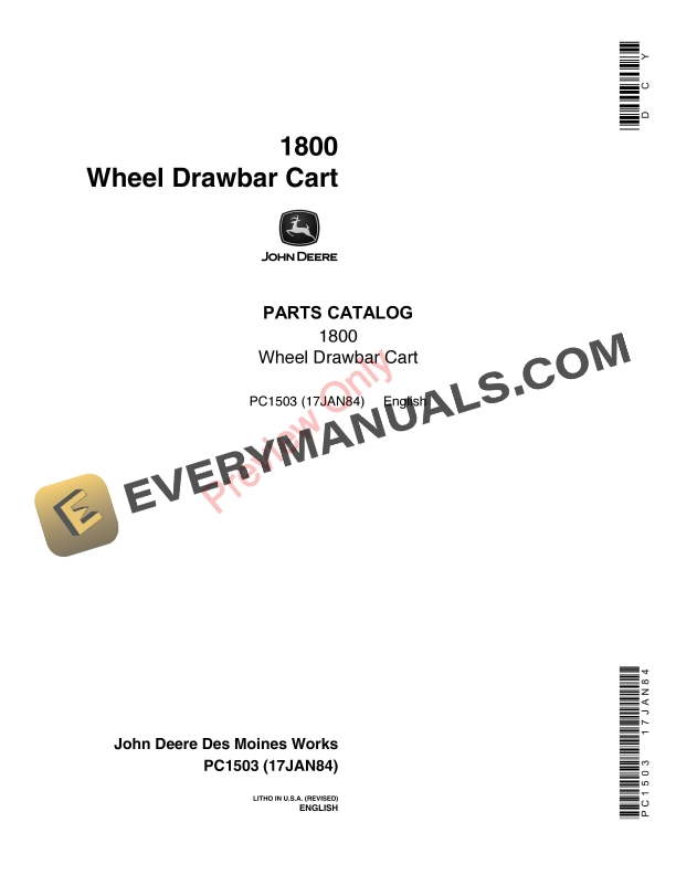 John Deere 1800 Wheel Drawbar Cart Parts Catalog PC1503 17JAN84