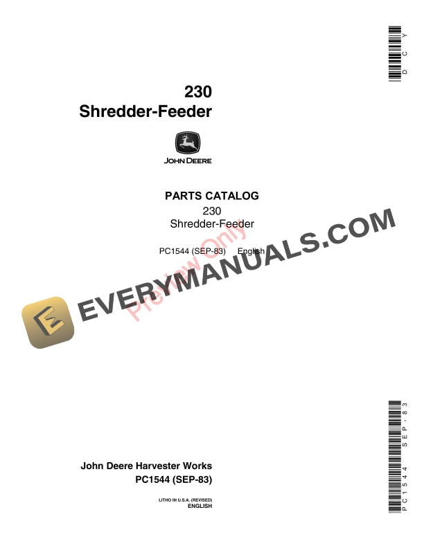 John Deere 230 Shredder-Feeder Parts Catalog PC1544 02SEP83
