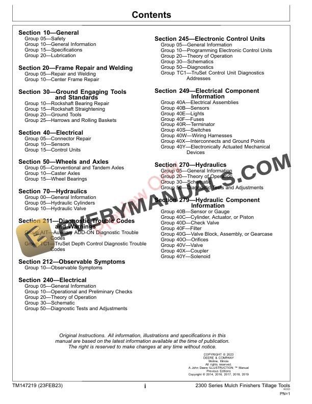 John Deere 2300 Series Mulch Finisher Tillage Tools Technical Manual TM147219 23FEB23