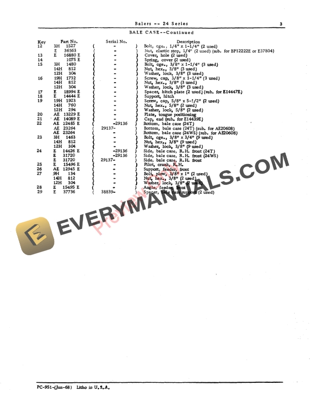 John Deere 24 Series Balers Parts Catalog Pc951 01jun68