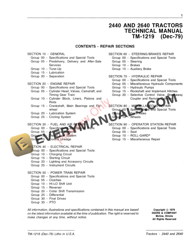 John Deere 2440 and 2640 Tractors Technical Manual TM1219 01DEC79
