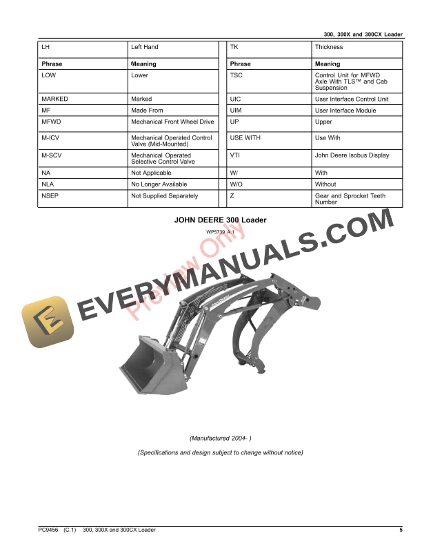 John Deere 300, 300X and 300CX Loader Parts Catalog PC9456 13OCT22