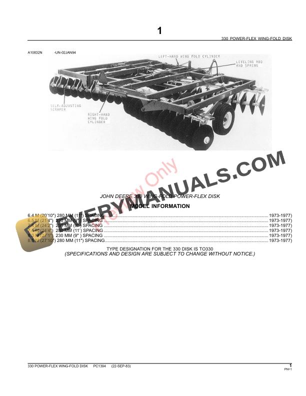 John Deere 330 Power-Flex Wing-Fold Disk Parts Catalog PC1394 13MAY11