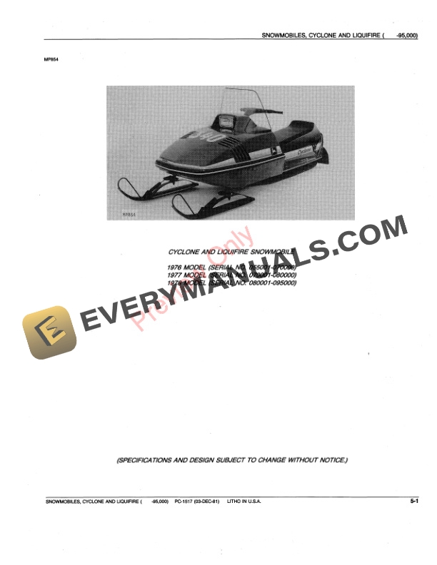 John Deere 340 and 440 Snowmobiles Cyclone and Liquifire Parts Catalog ...