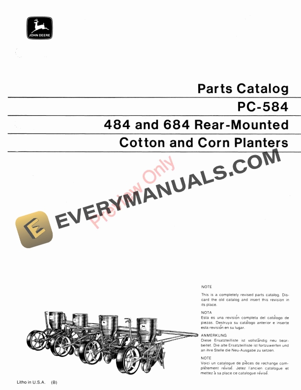 John Deere 484, 684 Cotton and Corn Planter Parts Catalog PC584 01JUN70