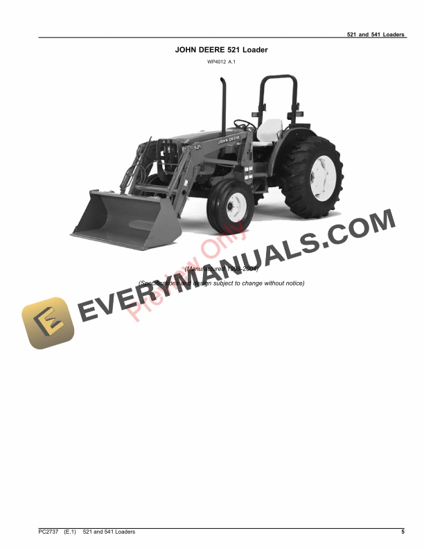 John Deere 521 and 541 Loaders Parts Catalog PC2737 19SEP23
