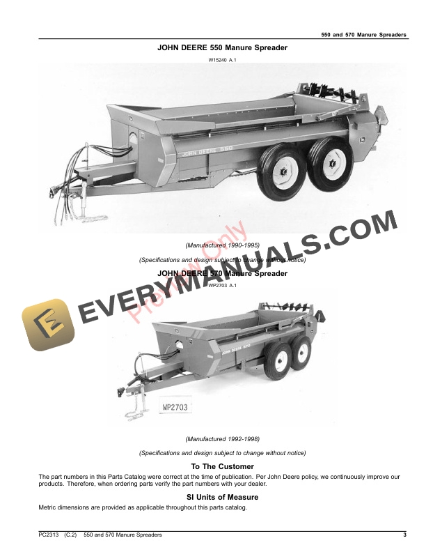 John Deere 550 and 570 Manure Spreaders Parts Catalog PC2313 28DEC18