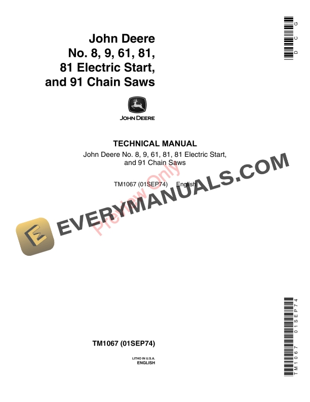 John Deere 61, 8, 81, 9 and 91 Chain Saws Technical Manual TM1067 01SEP74