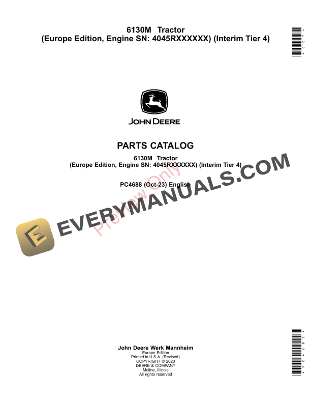 John Deere 6130M Tractor (Interim Tier 4) Parts Catalog PC4688 28OCT23