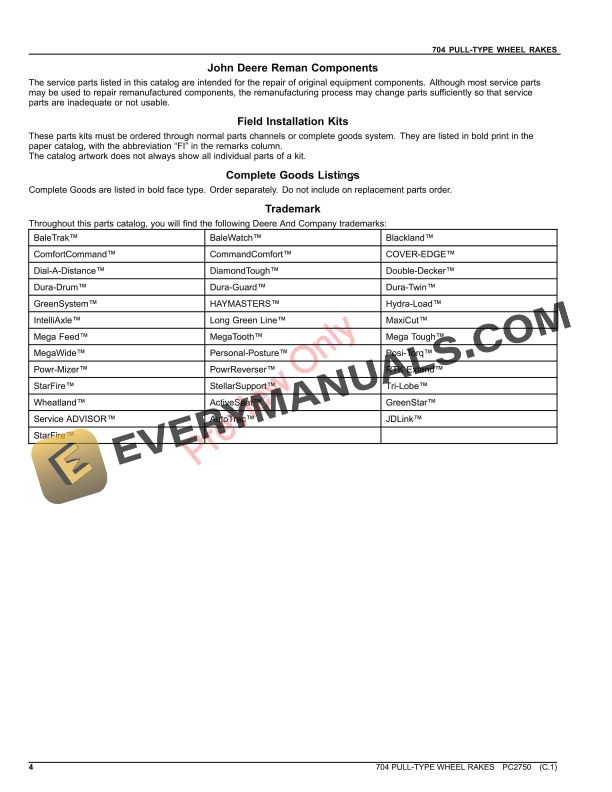 John Deere 704 PULL-TYPE WHEEL RAKES Parts Catalog PC2750 06AUG23