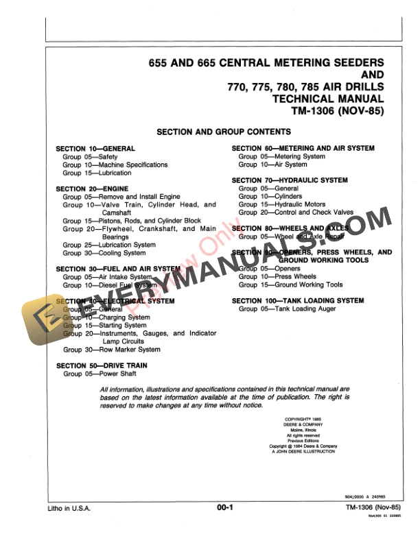 John Deere 770, 775, 780, 785 Air Drill, 655, 665 Central Metering Seeder Technical Manual ...