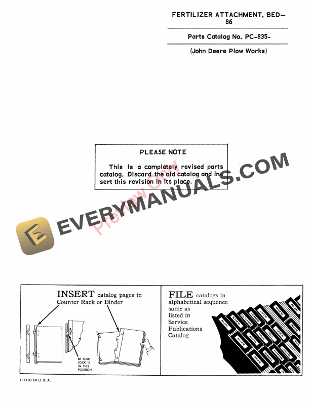 John Deere 86 Bed Fertilizer Attachment Parts Catalog PC835 01MAR65