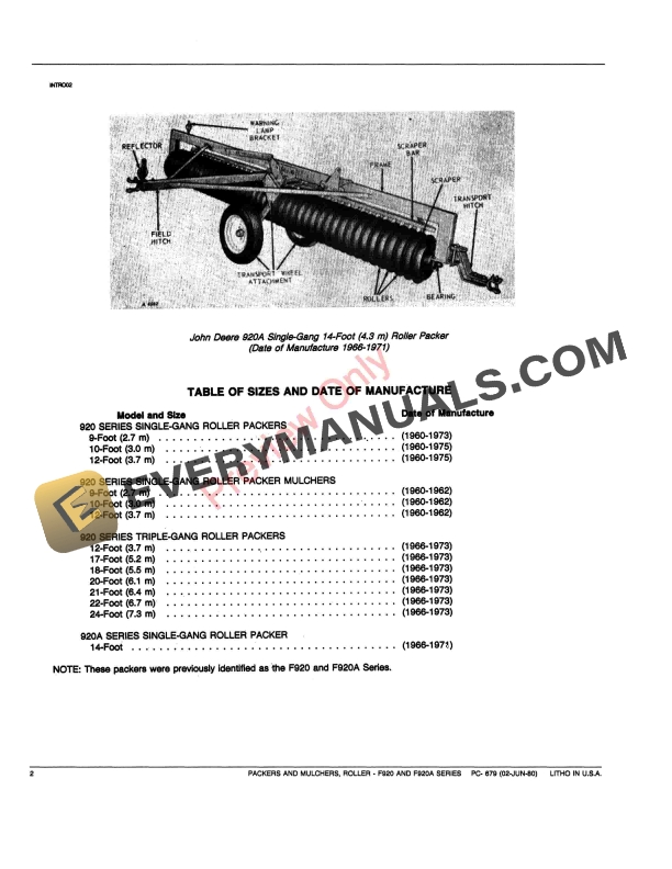 John Deere 920, 920A Roller Packers and Mulchers Parts Catalog PC679 ...