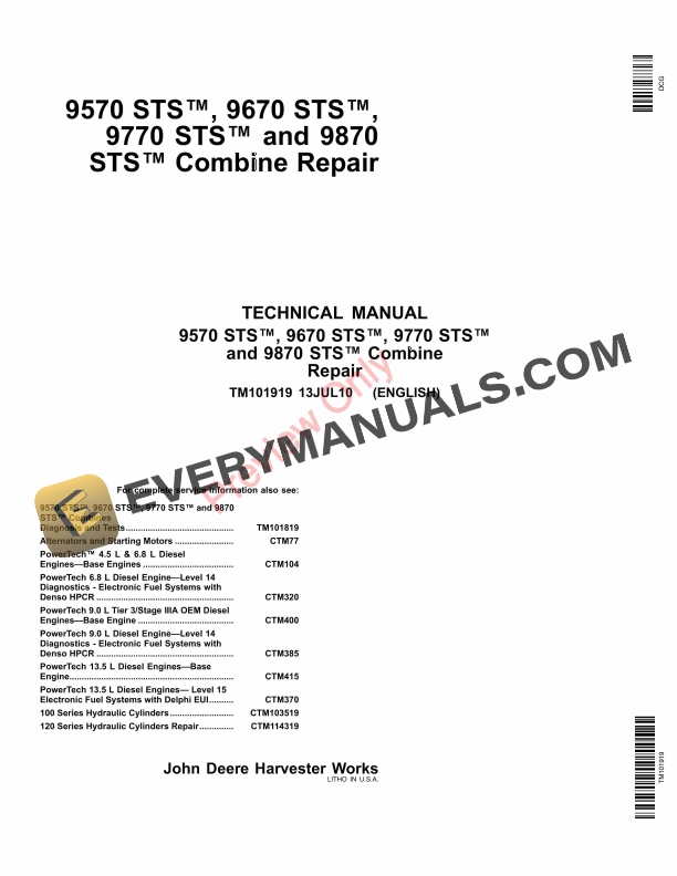 John Deere 9570 STS, 9670 STS, 9770 STS and 9870 STS Combines Service ...