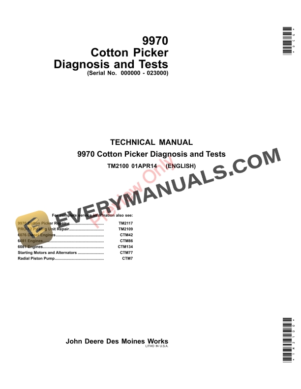 John Deere 9970 Cotton Pickers (PIN Prefix N0 or 1N0) Service ...
