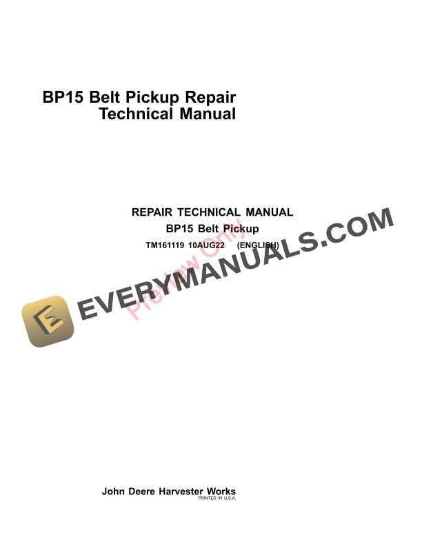 John Deere BP15 Belt Pickup Repair Technical Manual TM161119 10AUG22