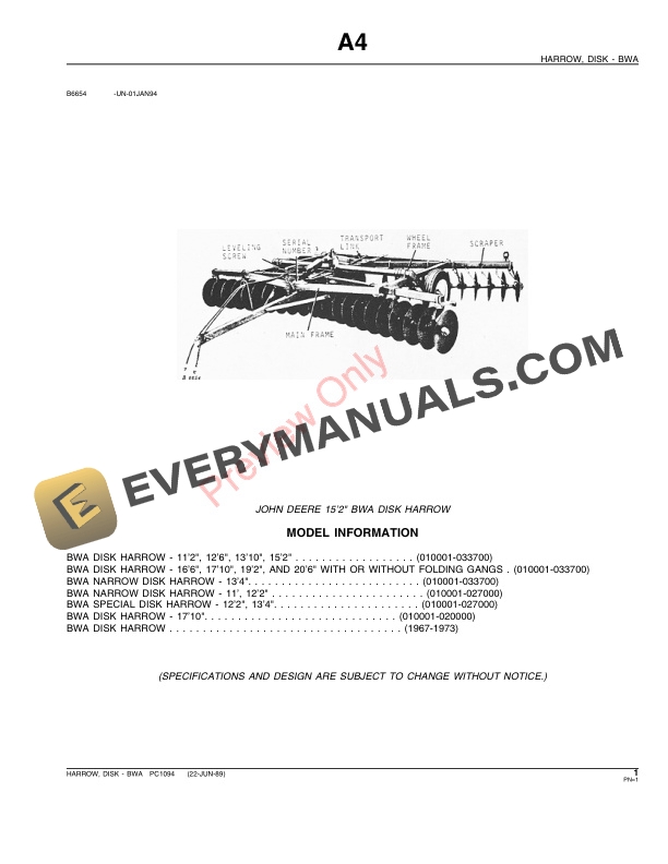 John Deere BWA Series Disk Harrow Parts Catalog PC1094 22JUN89